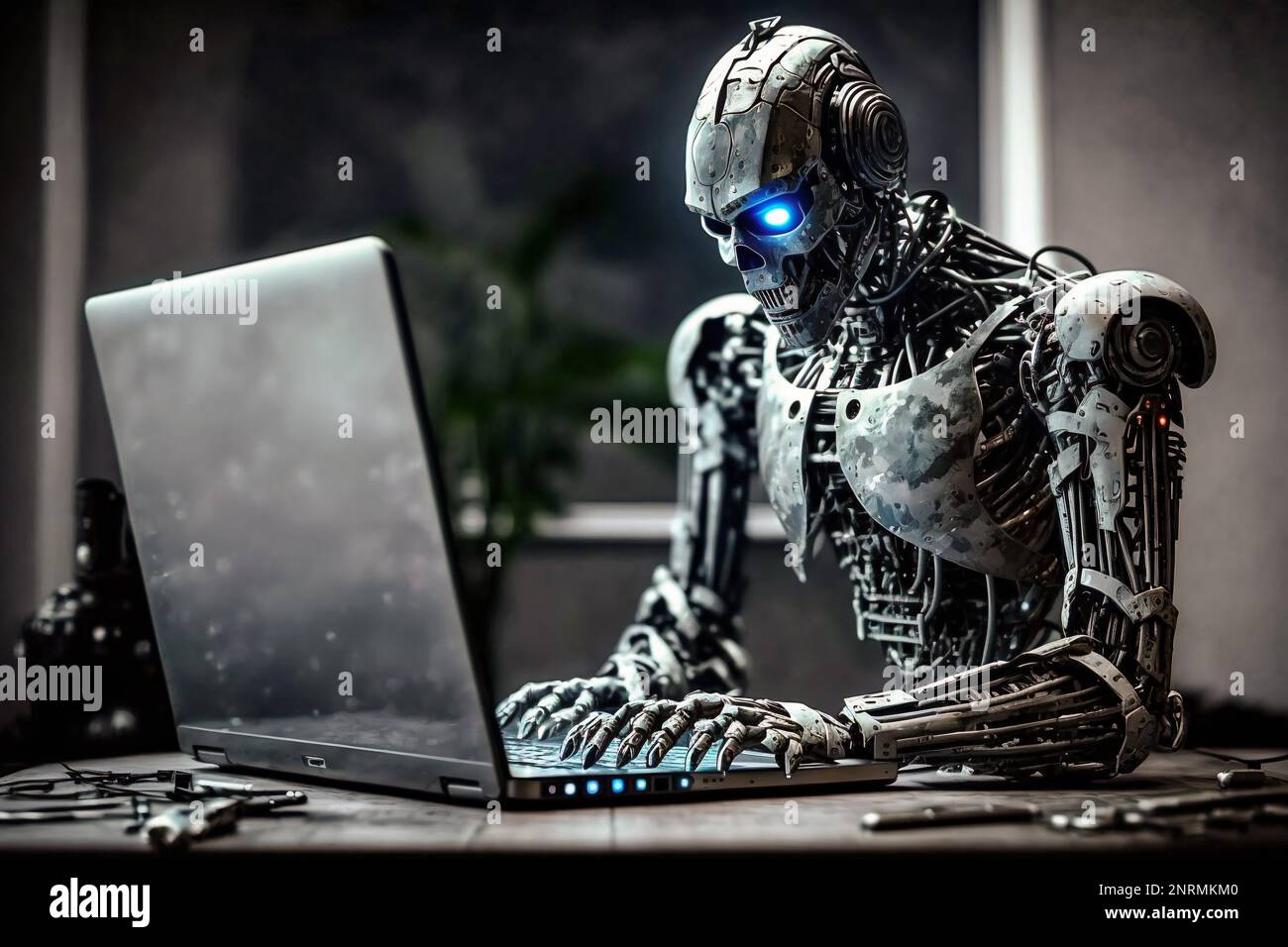 Ai robot working on laptop. Generative AI. High quality illustration ...