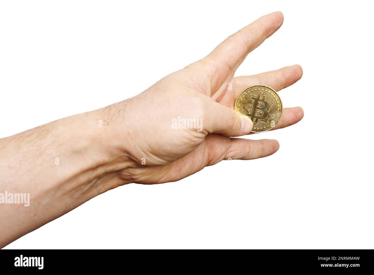 white background the hand of a man between the fingers of which there ...