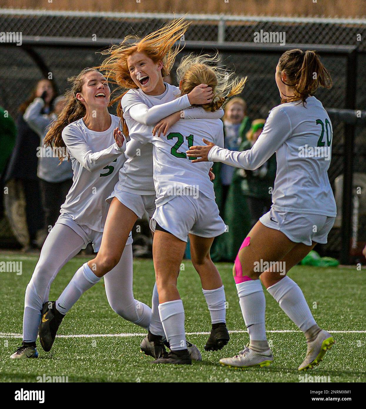 Charleston Catholic celebrates a goal by Annie Cimino (21) during an AA ...