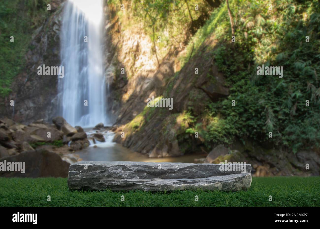 Stone table top podium in outdoor waterfall green tropical forest ...