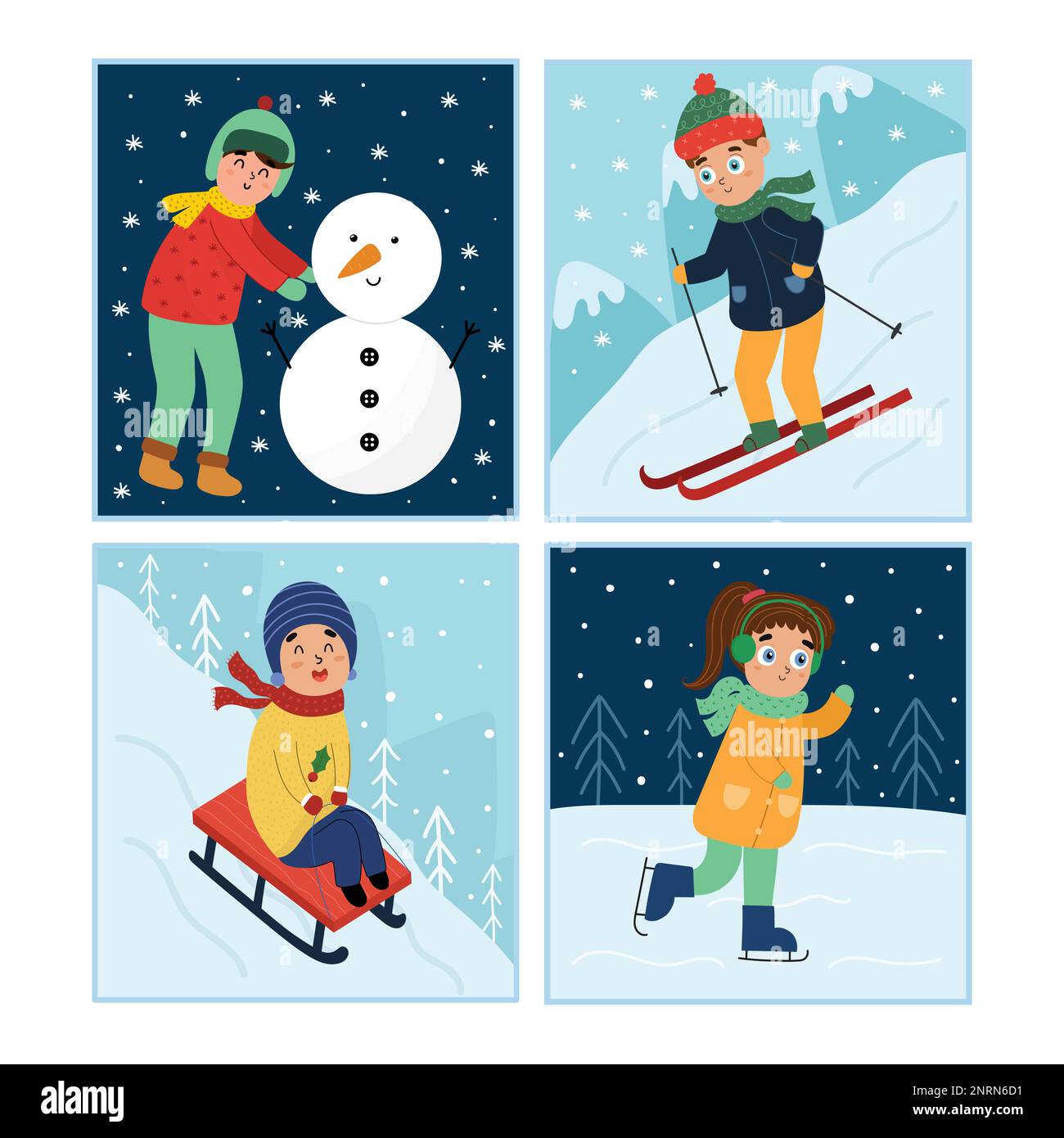 Winter activities set with cute kids making snowman, skiing, sliding on ...