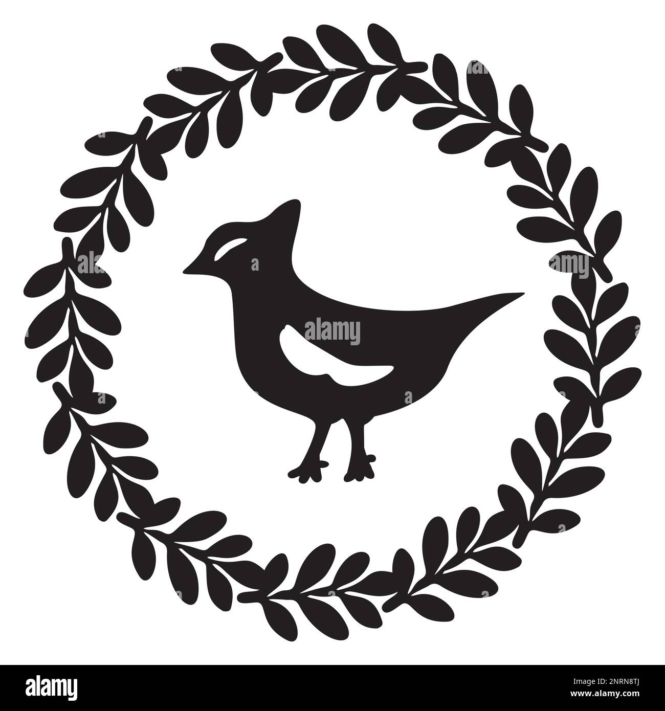 Woodland bird in botanical wreath vector illustration. Scandi style ...