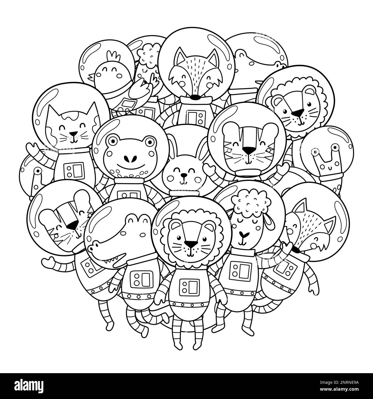 Space animals circle shape pattern for coloring book. Cute animals ...