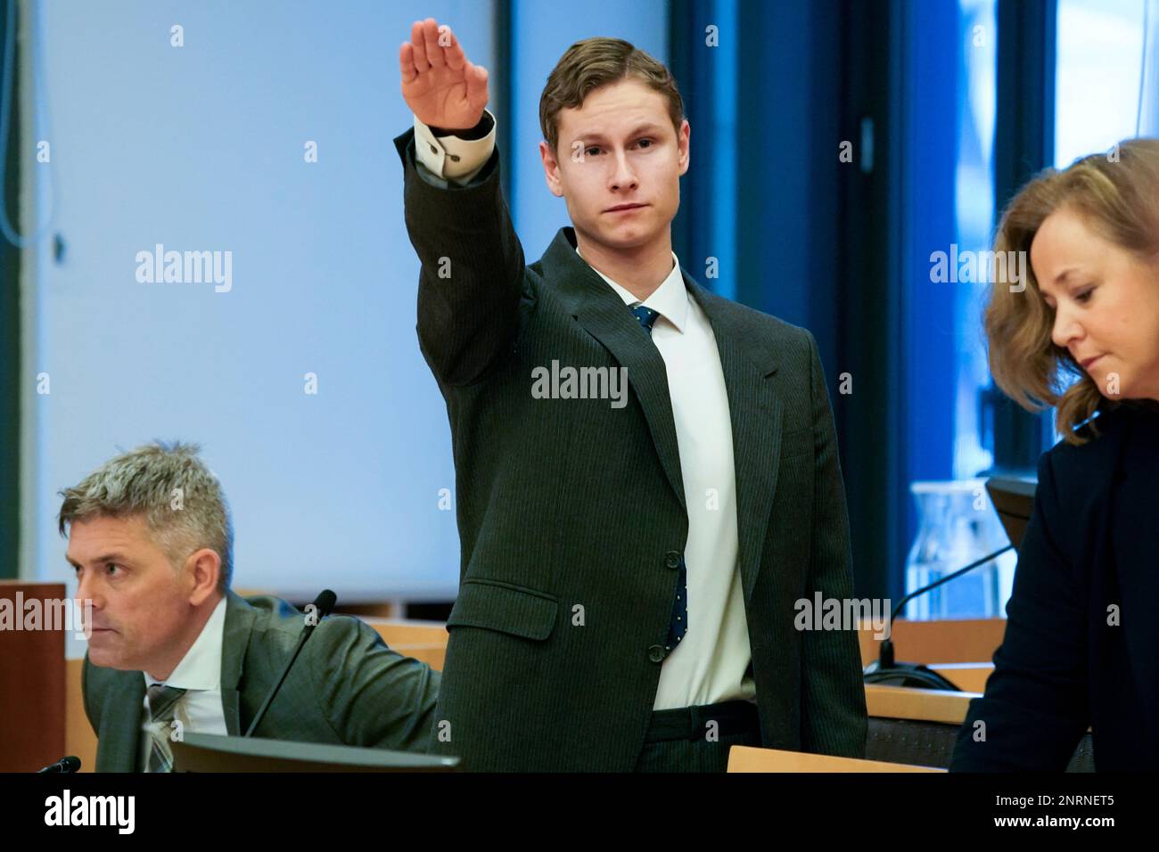 Philip Manshaus raises his arm in a Nazi style salute, at a court ...