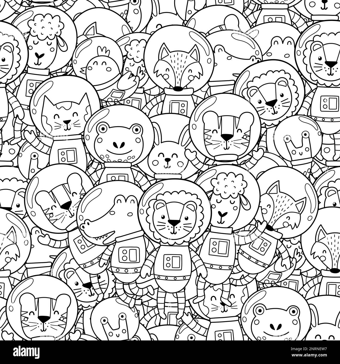 Cute animals astronauts in space seamless pattern. Cosmic black and ...