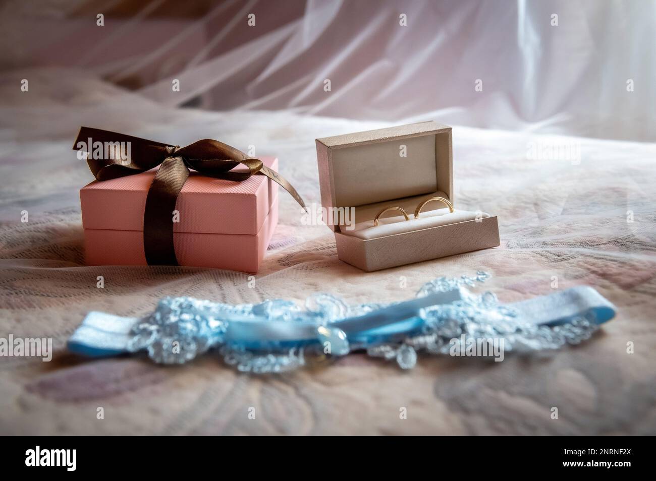 bride and groom's wardrobe and items of clothing blue bridal garter ...