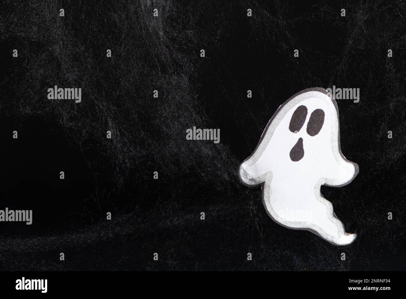 A frightening white ghost flies on a black background with a web, a ...