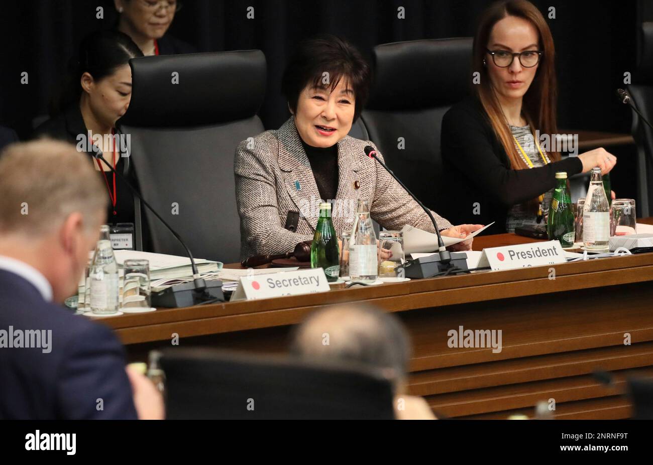 Japan's Chairman of the House Akiko Santo speaks during the G20 Parliamentary Speakers' Summit ...