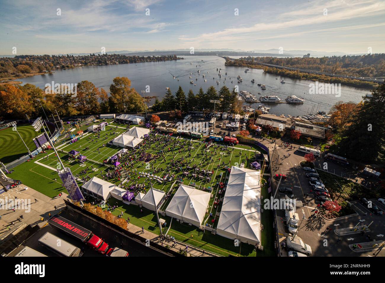 General view Husky Stadium tailgate zone and Union Bay before an NCAA ...