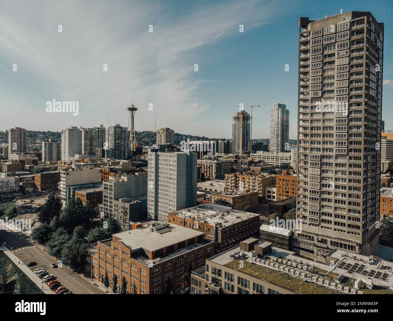 Aerial view of Seattle, Washington, USA skyline at dusk, with modern ...
