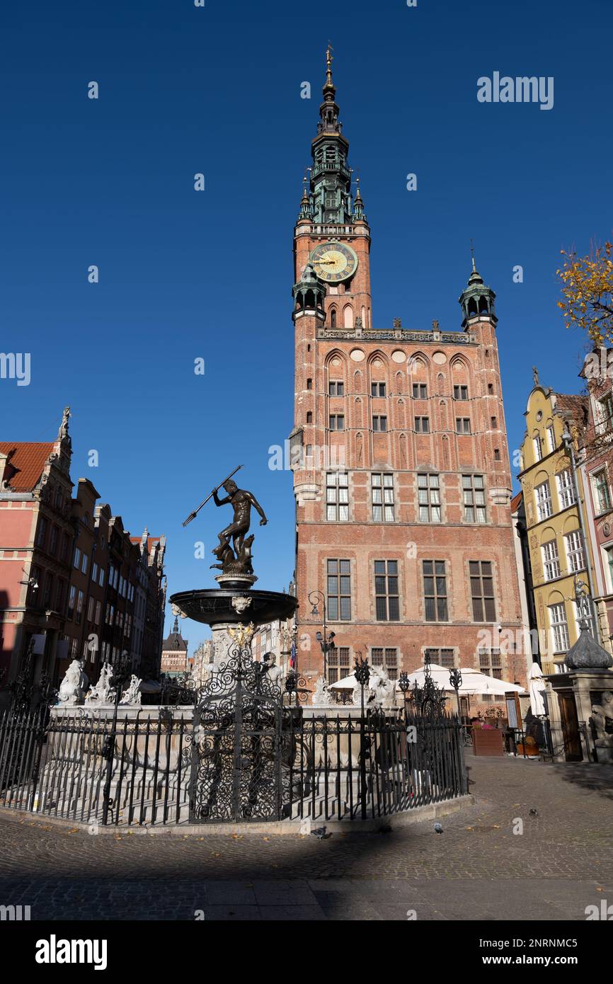 City of Gdansk in Poland, Main Town Hall and Neptune Fountain at Long ...