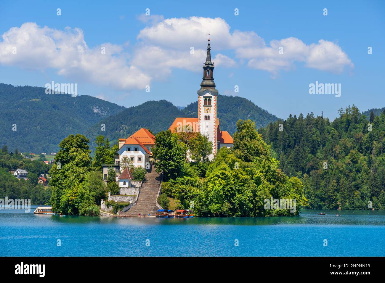Bled Island in the Lake Bled with pilgrimage Church of the Assumption ...