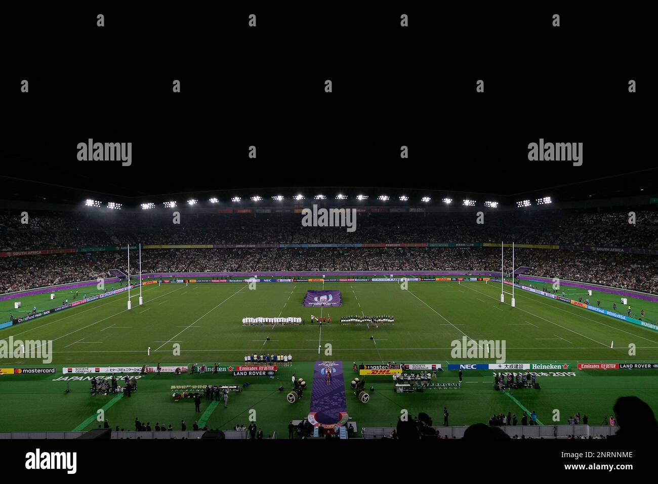 General overall view of the playing of the national anthems at the ...