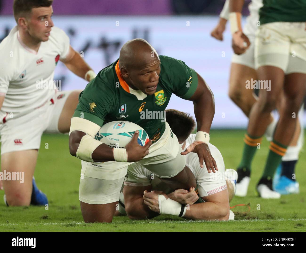 South African hooker Mbongeni Mbonambi brings forward a ball during the ...