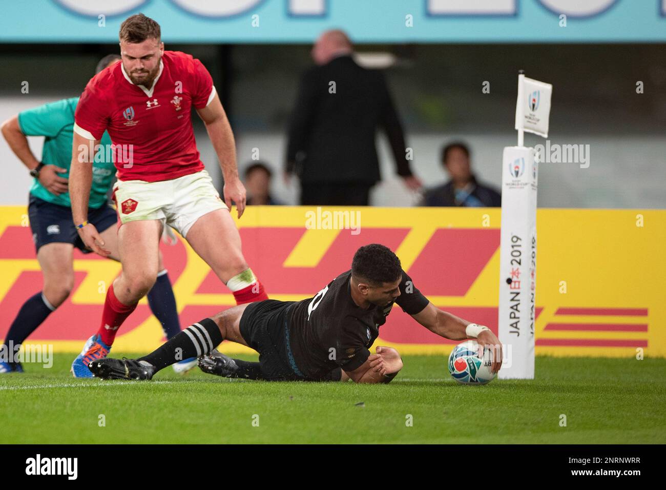 Richie Mo'unga of New Zealand scores a try during the Rugby World Cup ...
