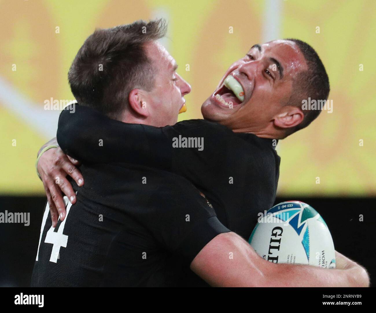 Ben Smith (14) of New Zealand celebrates after scoring a try in the ...