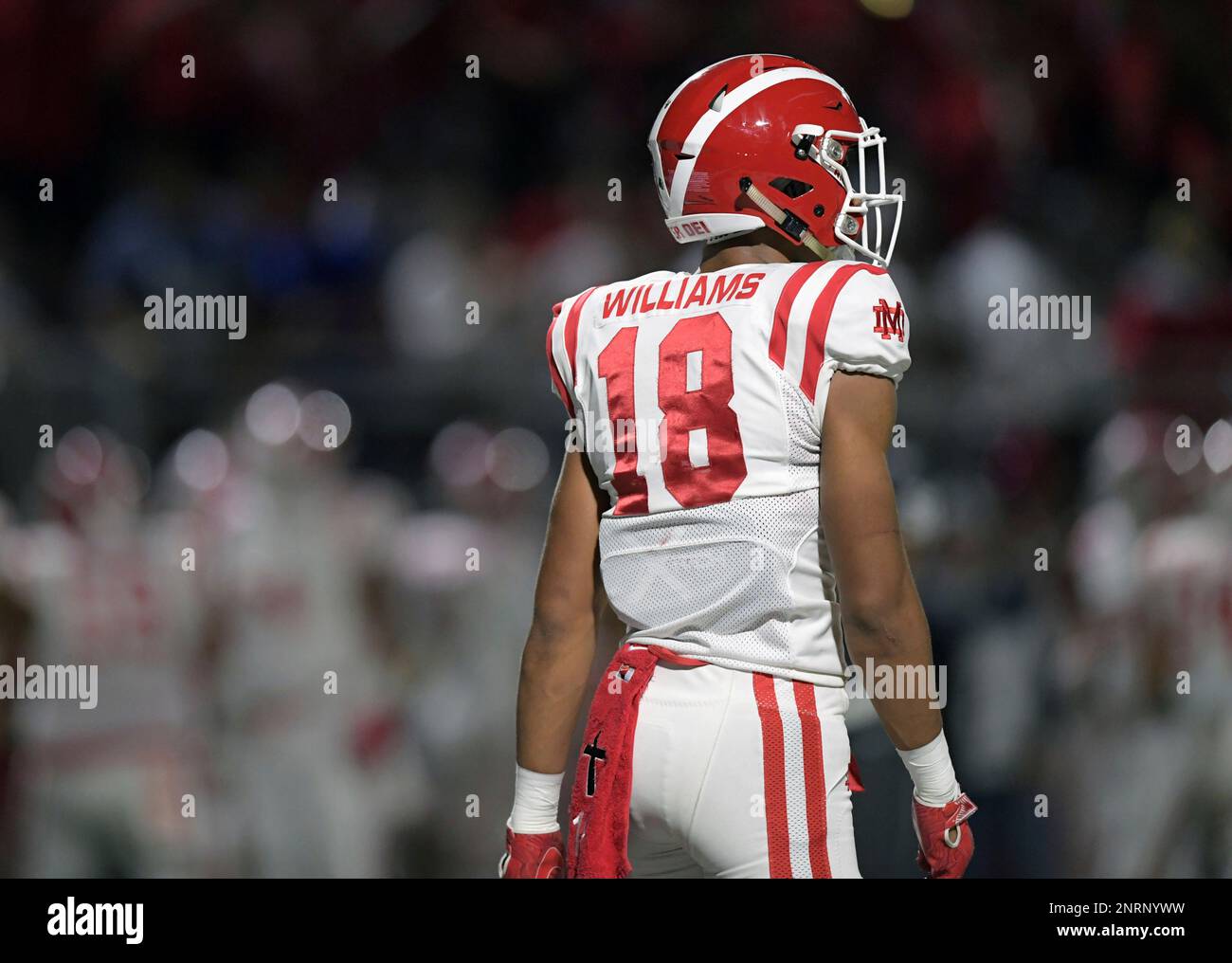 Mater Dei Monarchs wide receiver CJ Williams (18) poses during a high school football game ...