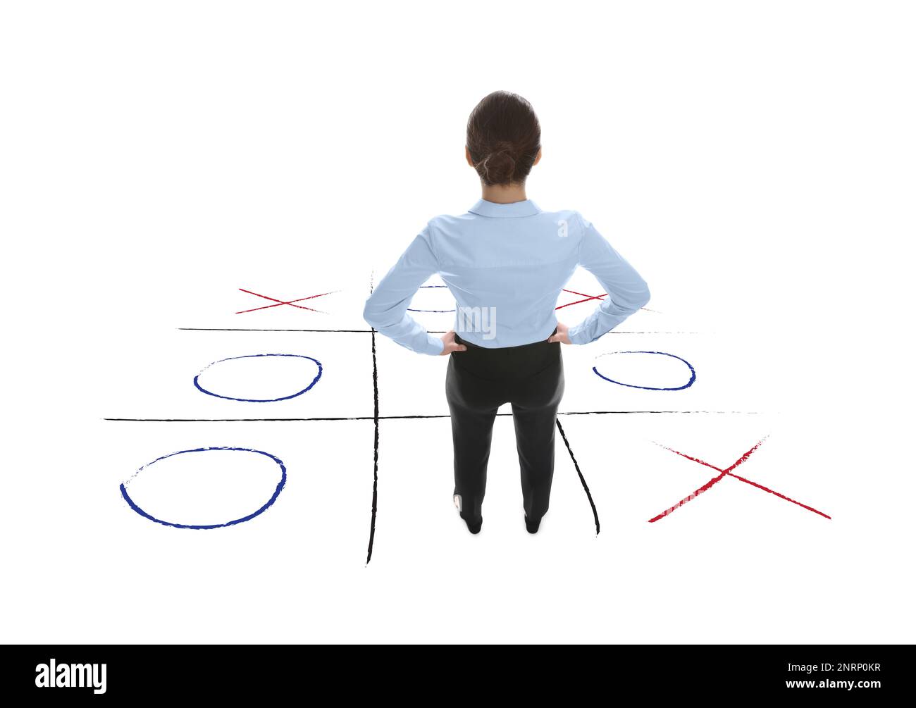 Woman and illustration of tic-tac-toe game on white background, back ...