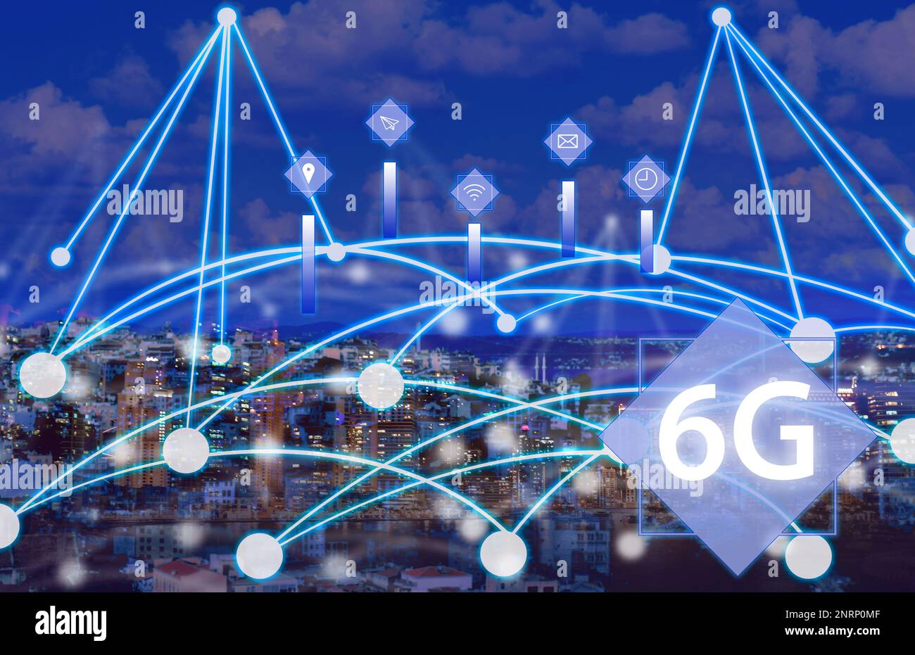 6G network wireless system. Beautiful cityscape and network connection ...