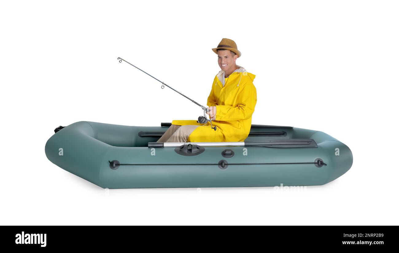 Man fishing with rod from inflatable rubber boat on white background ...