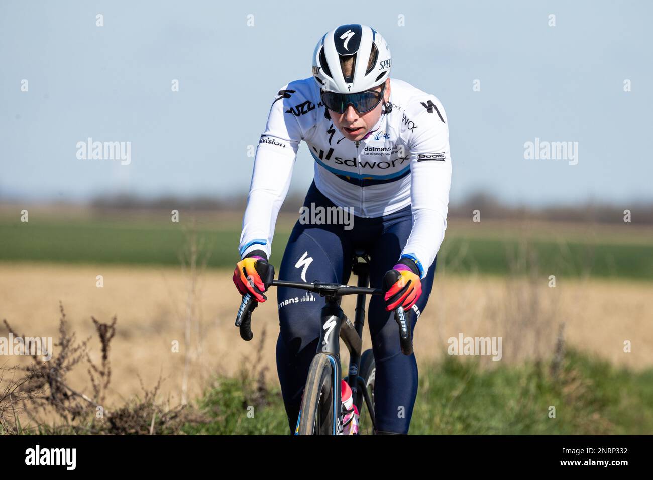 Dutch Lorena Wiebes of SD Worx pictured in action during the reconnaissance of the track of this ...