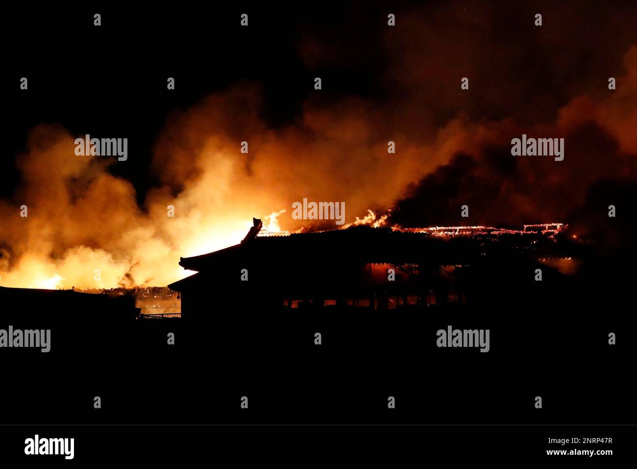 Smoke and flames rise from burning Shuri Castle in Naha, Okinawa ...