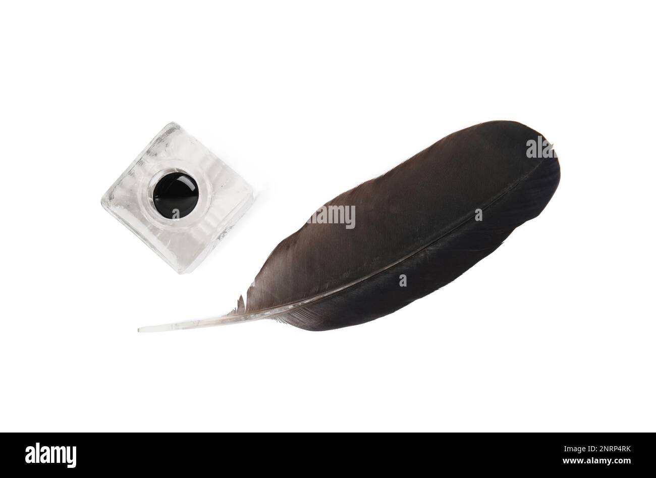 Feather pen and inkwell on white background, top view Stock Photo - Alamy