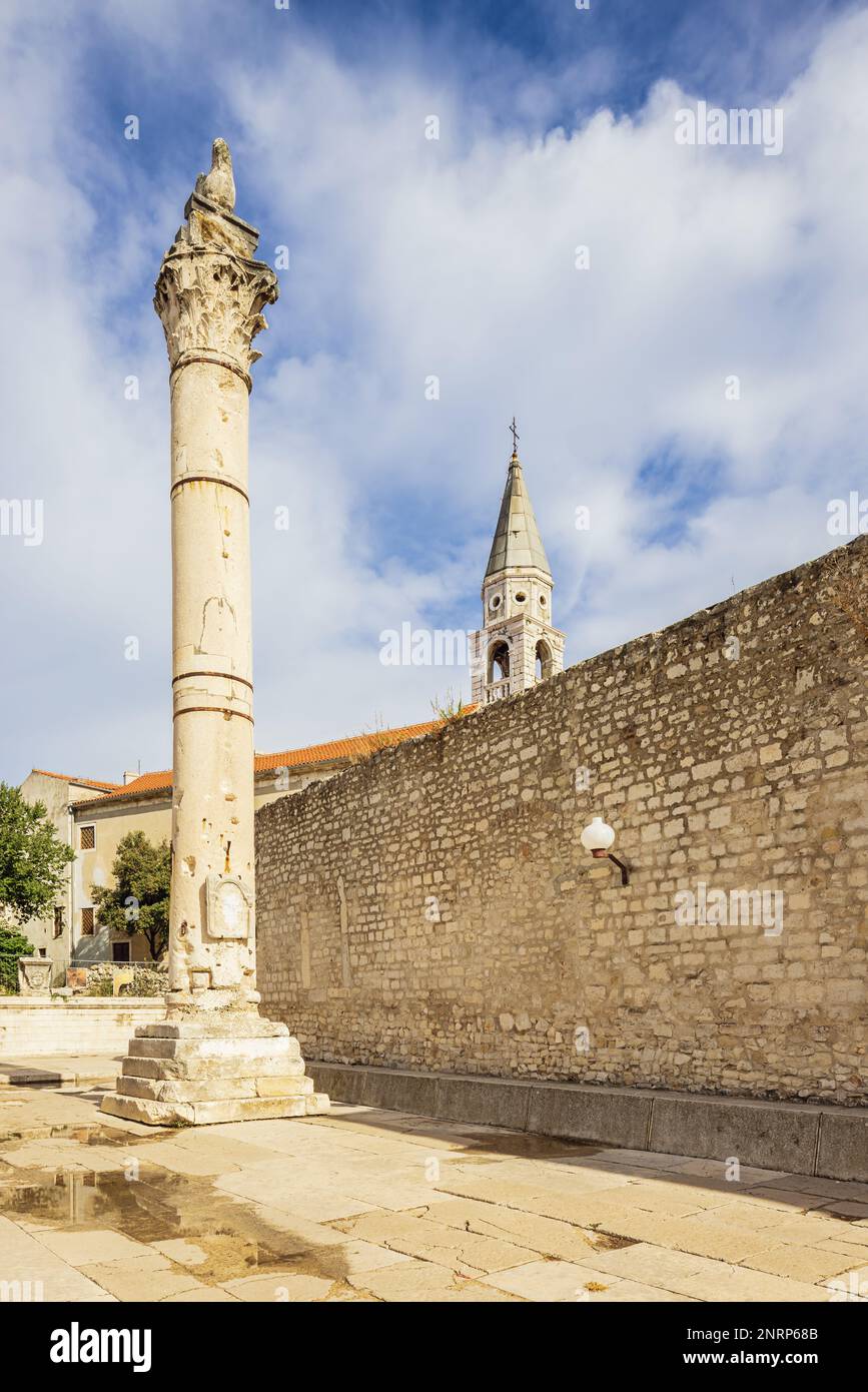 The Roman forum of Zadar with its shame pillar and the tower of the ...