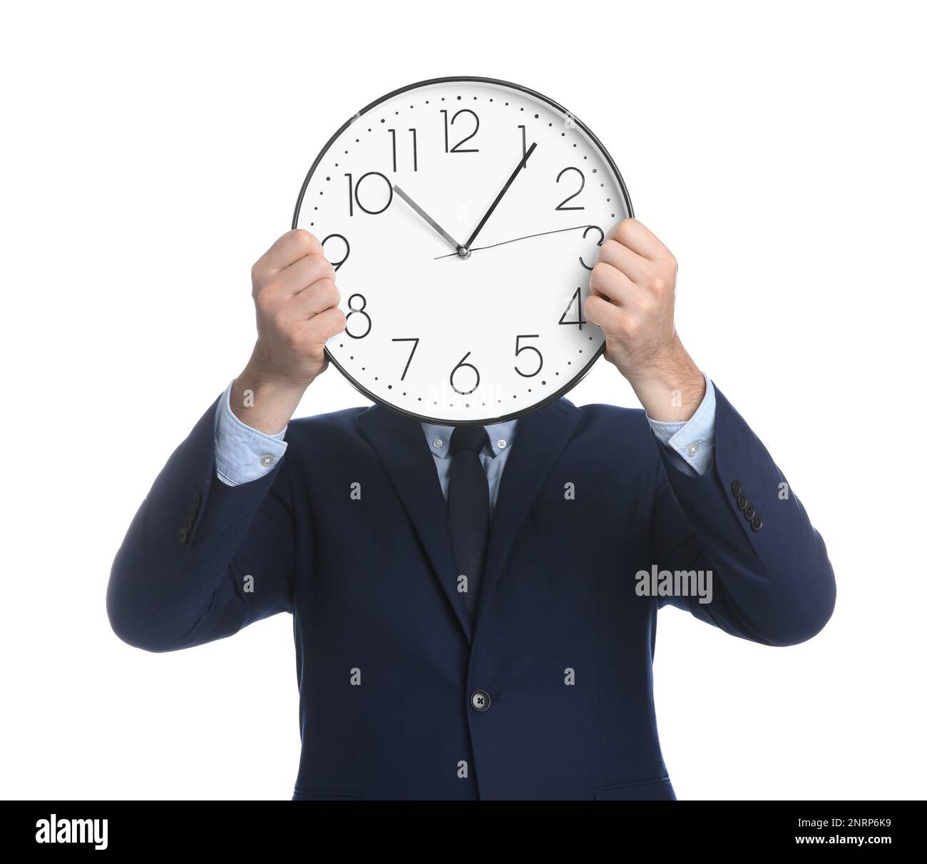 Businessman holding clock on white background. Time management Stock ...