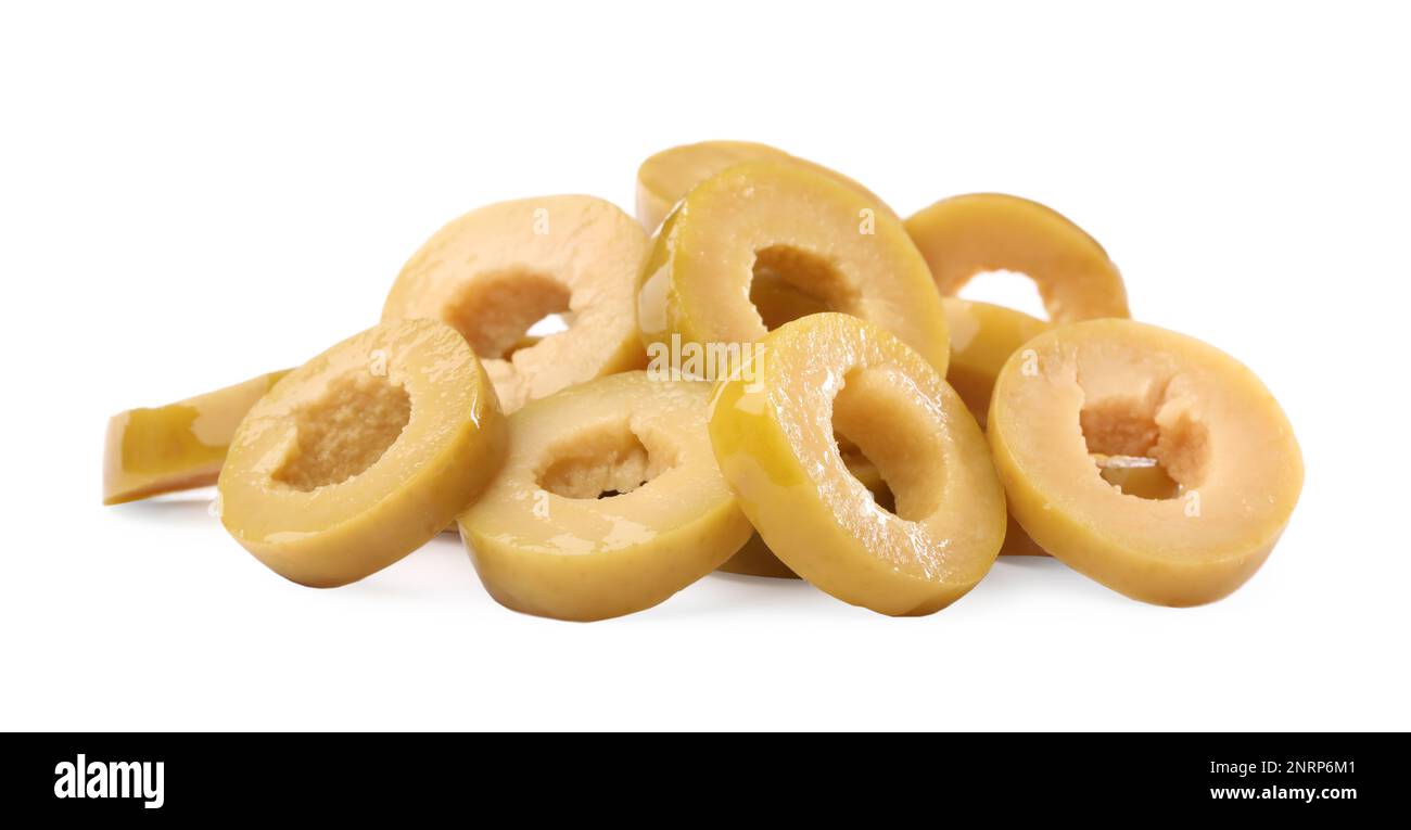 Cut fresh green olives on white background Stock Photo - Alamy