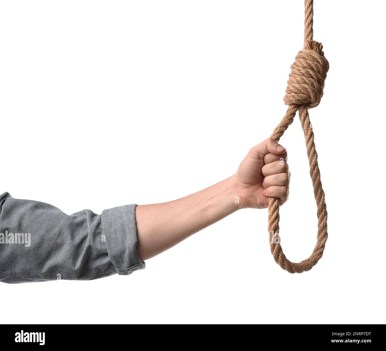 Man holding rope noose on white background, closeup Stock Photo - Alamy