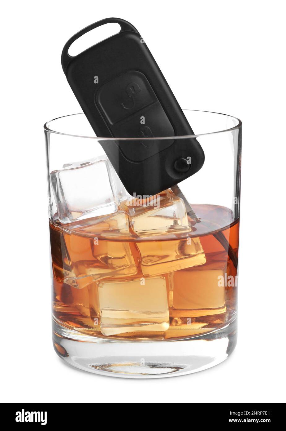 Glass of alcohol and car key on white background. Drunk driving concept ...