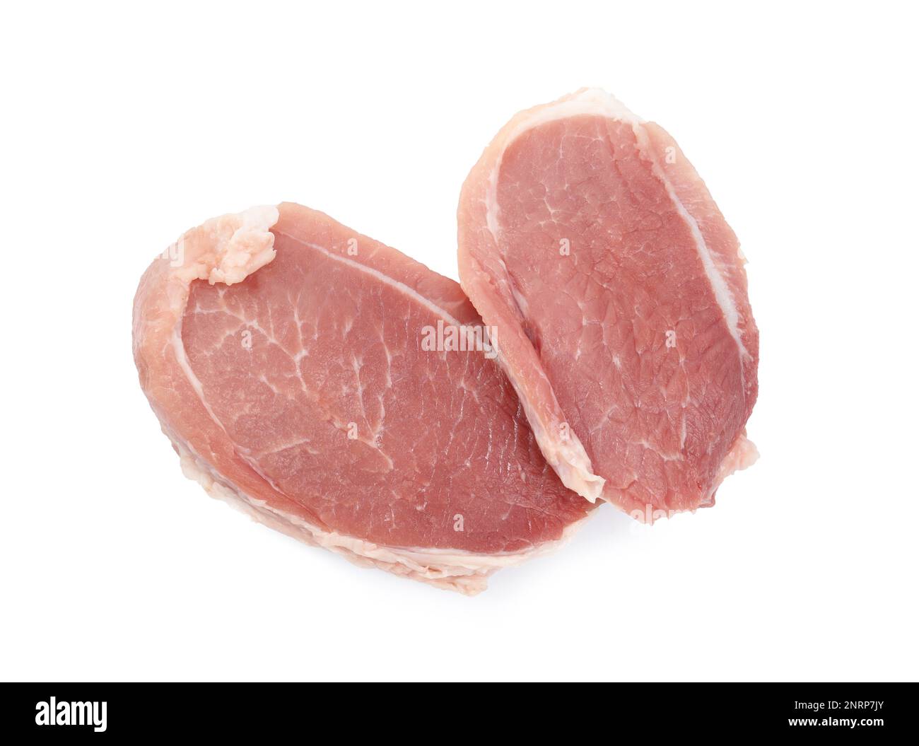 Pieces of raw meat isolated on white, top view Stock Photo - Alamy