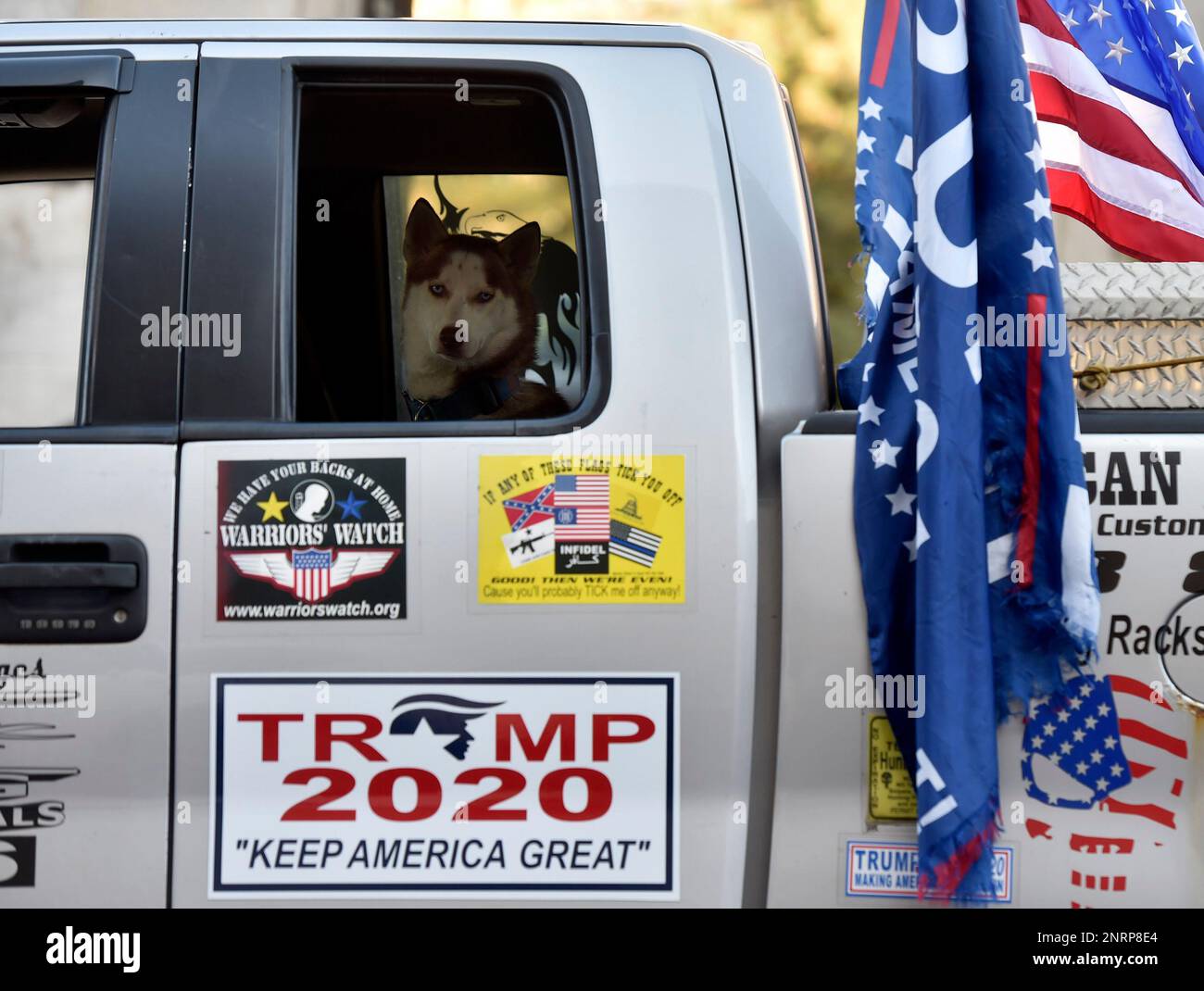 Larry LoSchiavo Jr of Mt. Poconos dog Misty waits in his truck during a ...