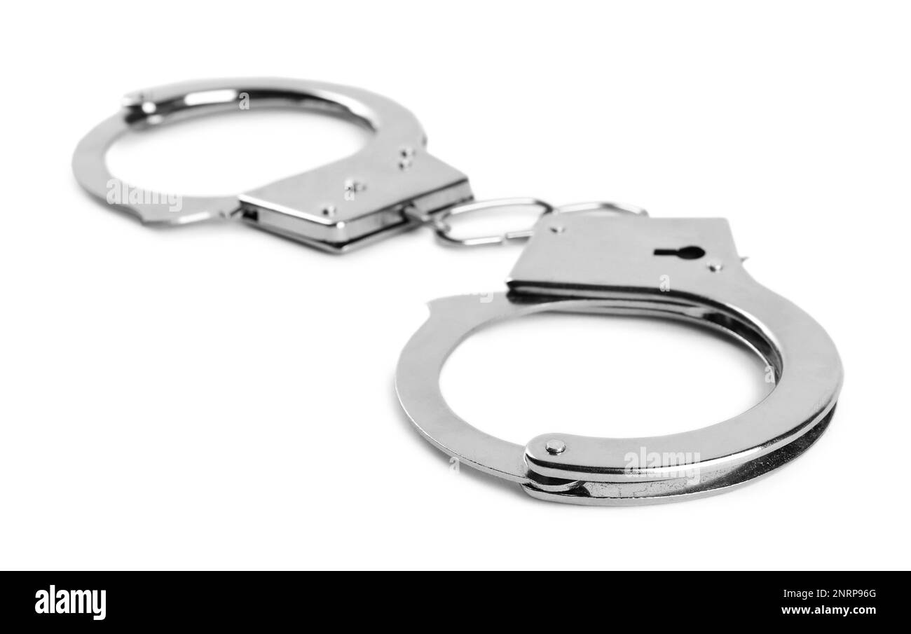 New classic chain handcuffs on white background Stock Photo - Alamy