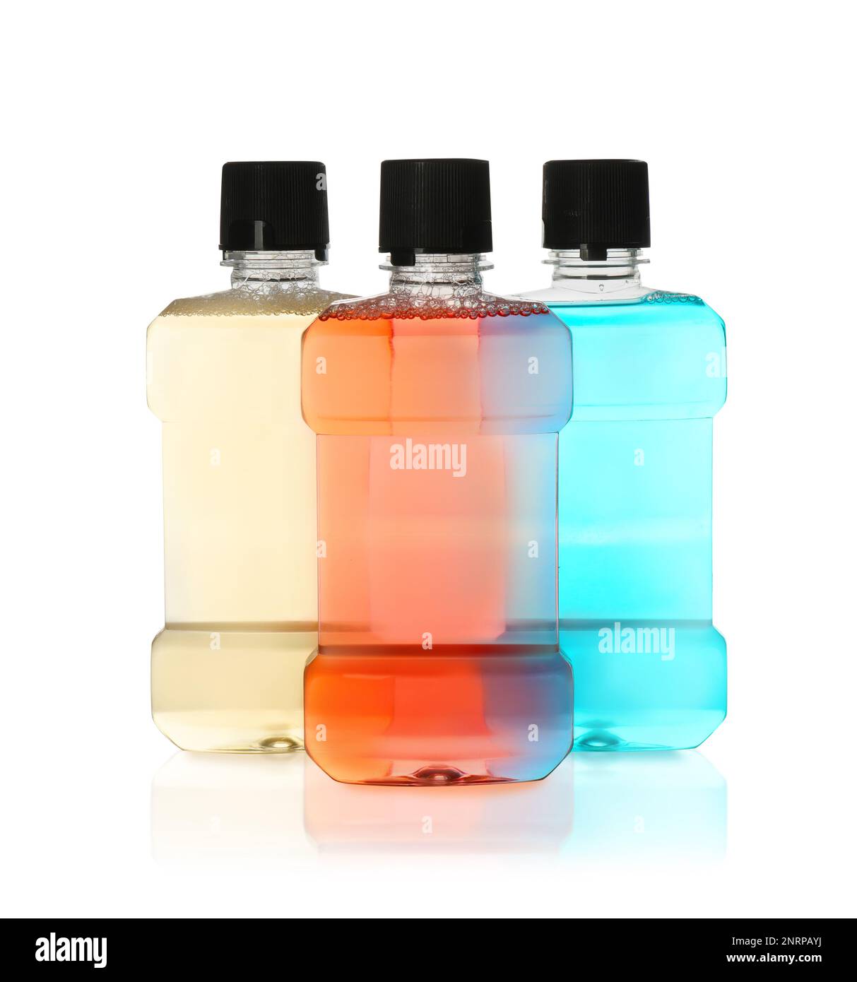Bottles with mouthwash for teeth care on white background Stock Photo ...