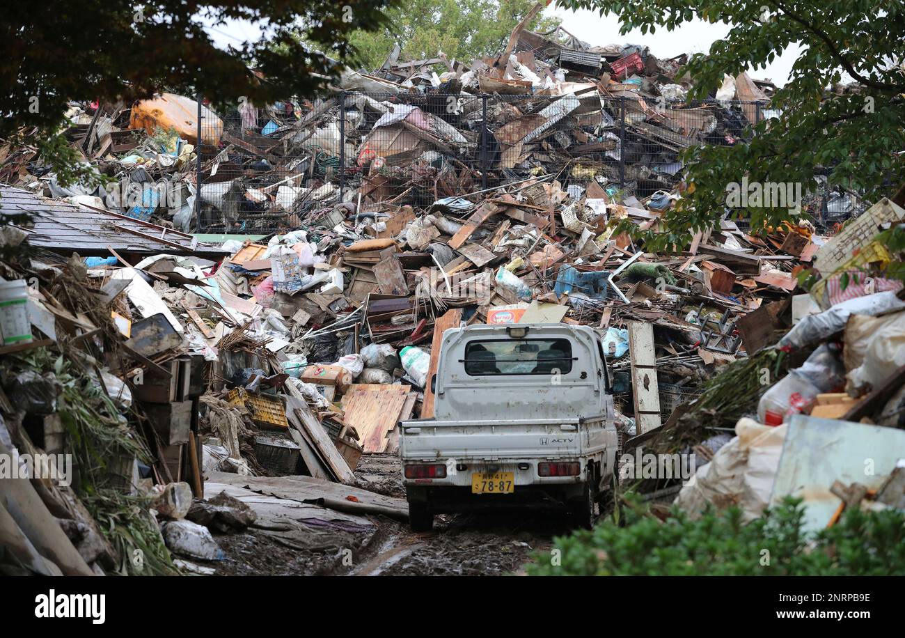 Disaster garbage are piled up in Nagano, Nagano prefecture on Oct. 29 ...