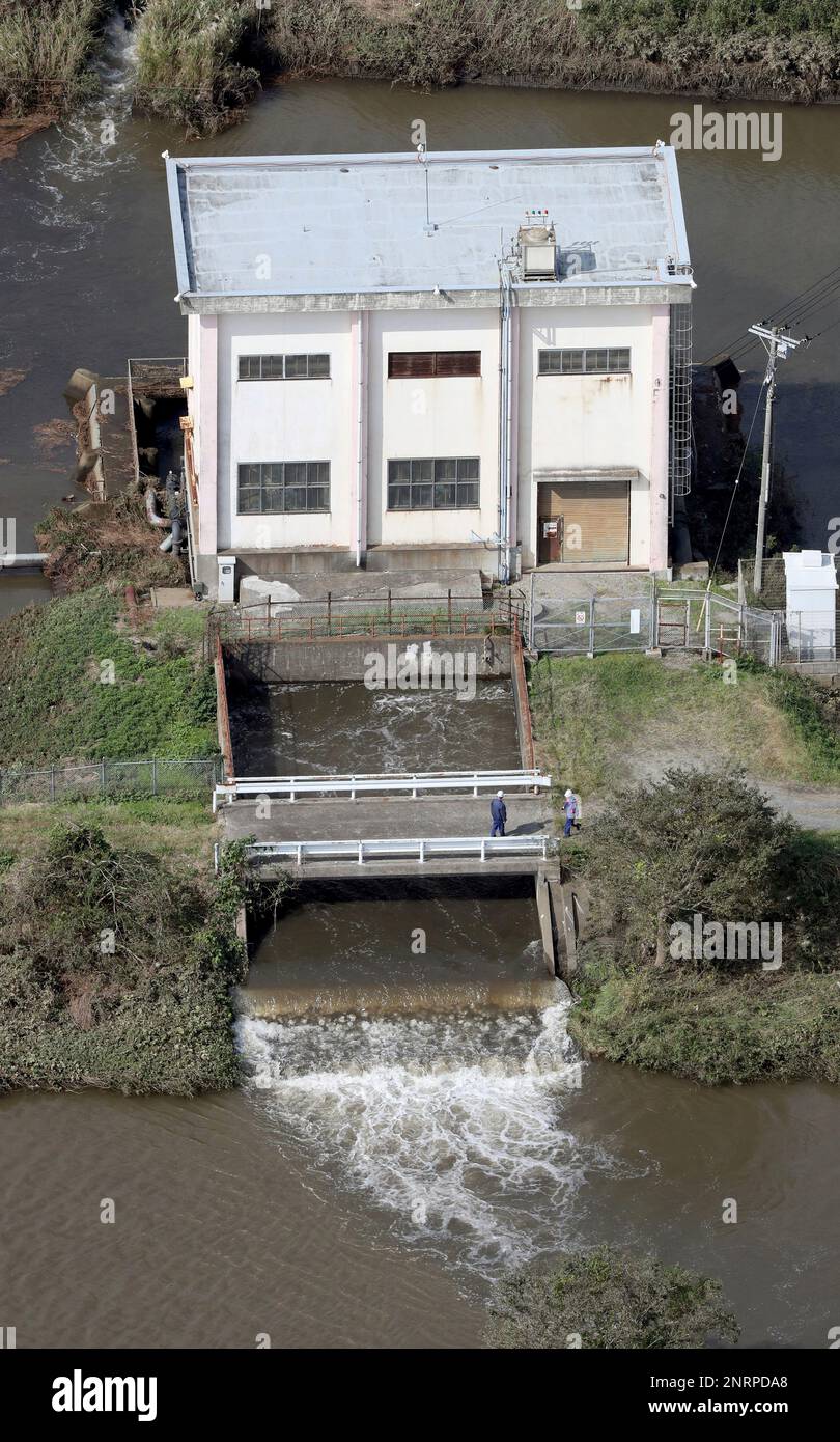 A aerial picture shows a drainage work in Sakura, Chiba Prfecture on ...