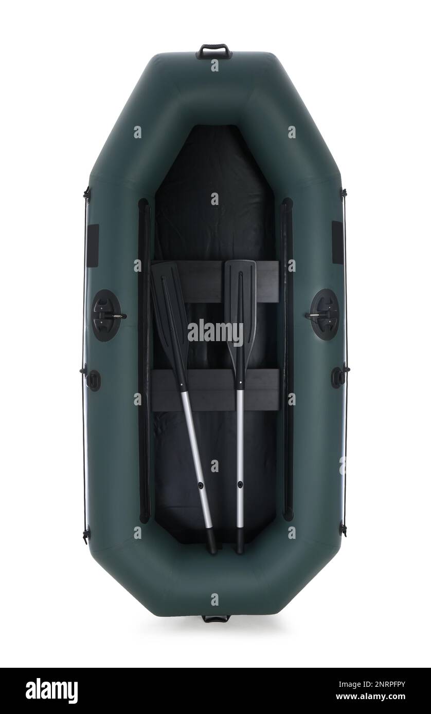 Inflatable rubber fishing boat with aluminium oars and seats isolated ...