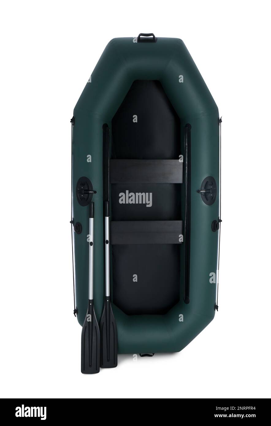 Inflatable rubber fishing boat with aluminium oars and seats isolated ...