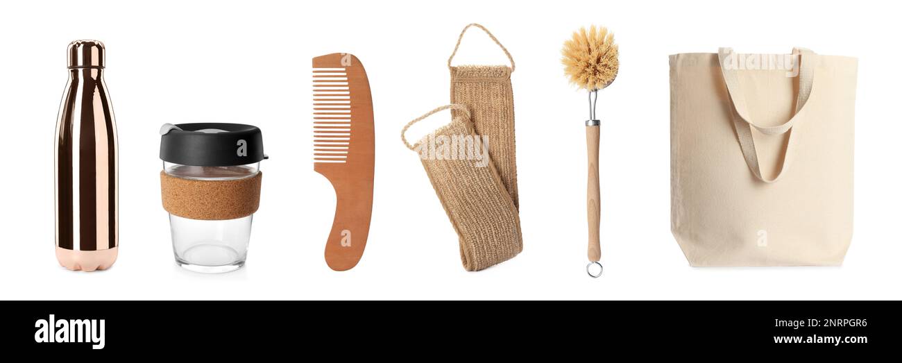 Set with different eco friendly stuff on white background, banner ...