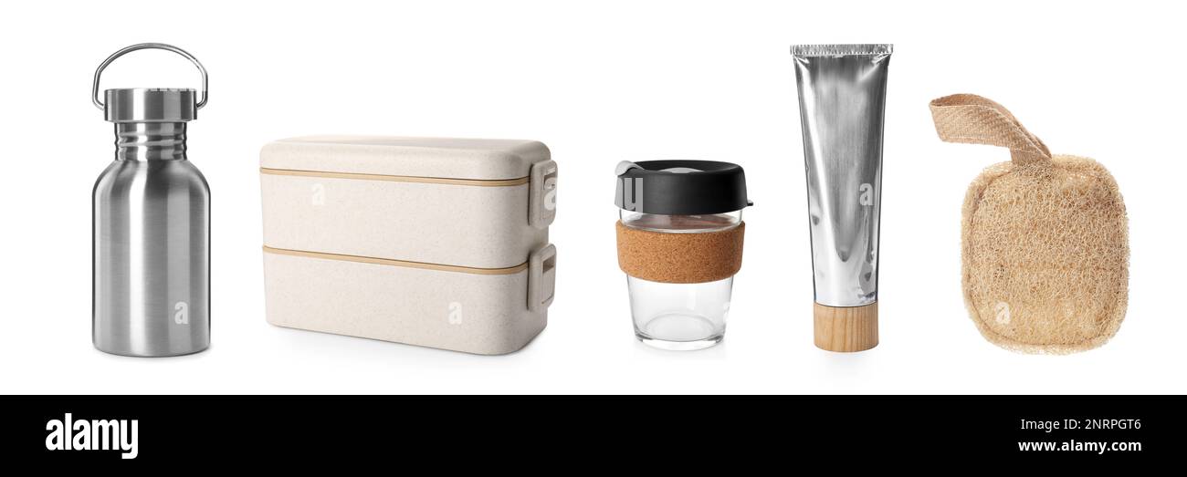 Set with different eco friendly stuff on white background, banner ...