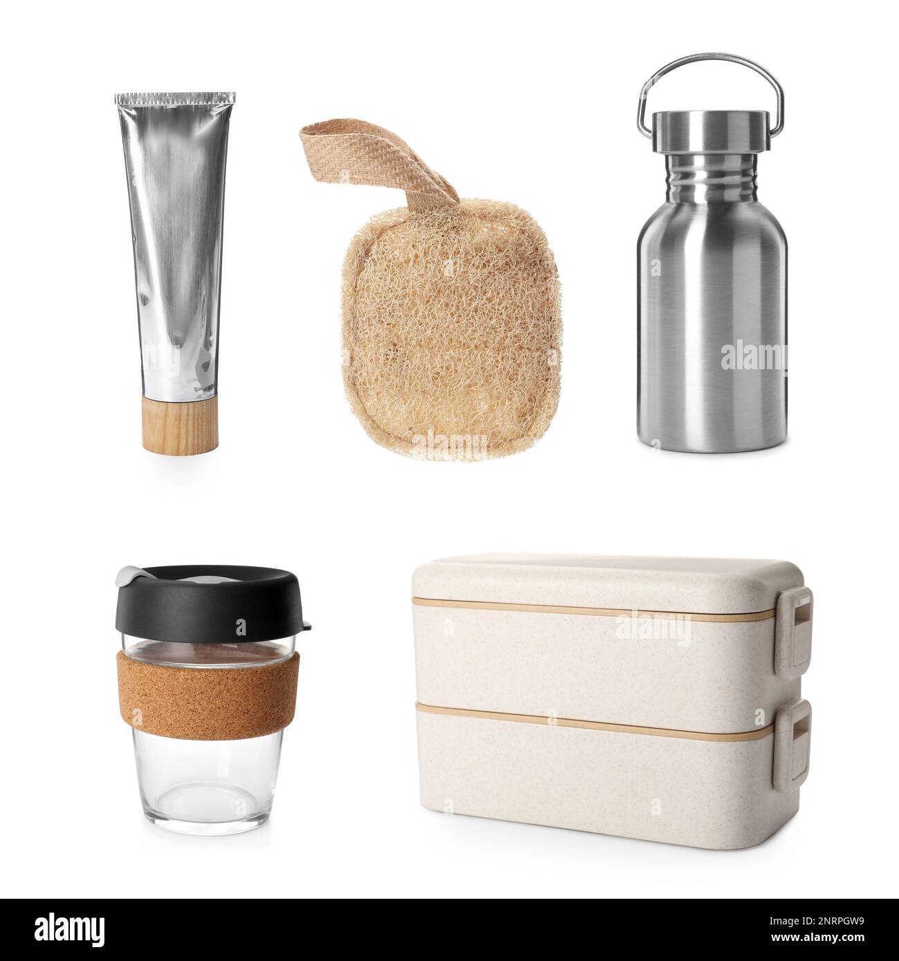 Set with different eco friendly stuff on white background. Conscious ...