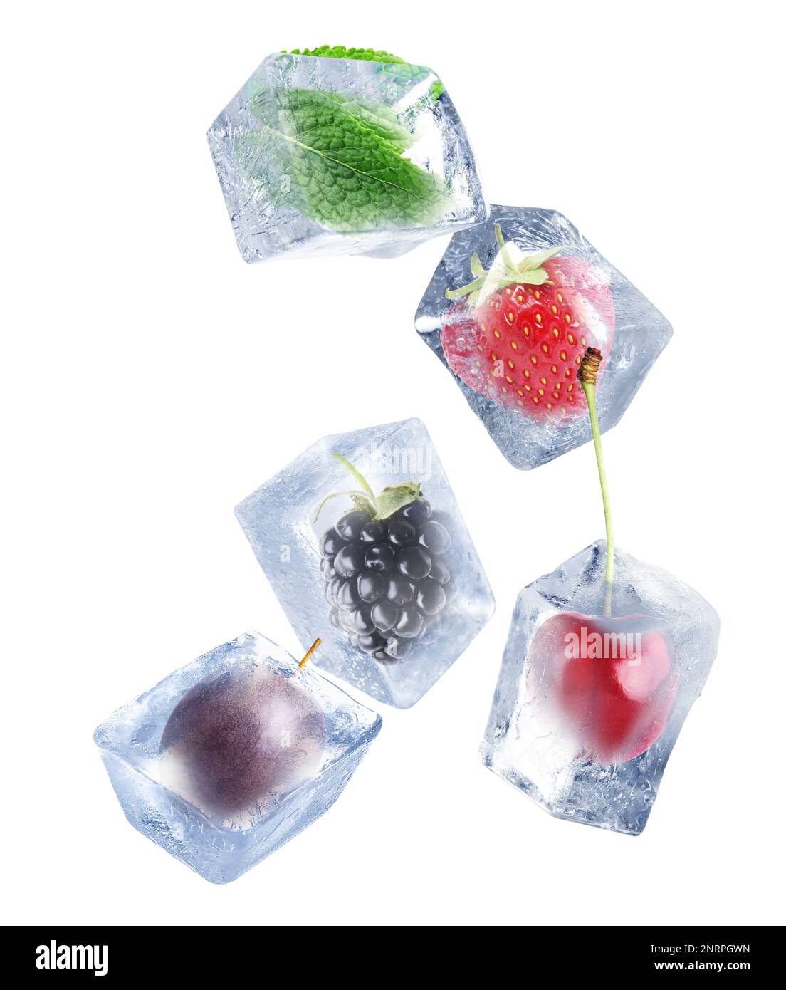 Strawberry, cherry, blackberry, passion fruit and mint frozen in ice ...