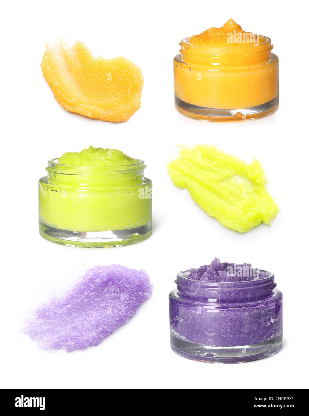 Set with different body scrubs on white background Stock Photo - Alamy