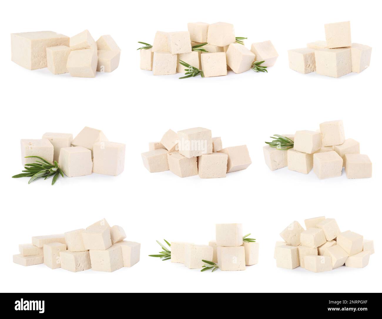 Set with tasty raw tofu on white background Stock Photo - Alamy