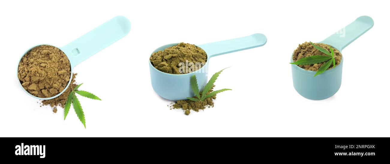 Set with hemp protein powder on white background. Banner design Stock ...