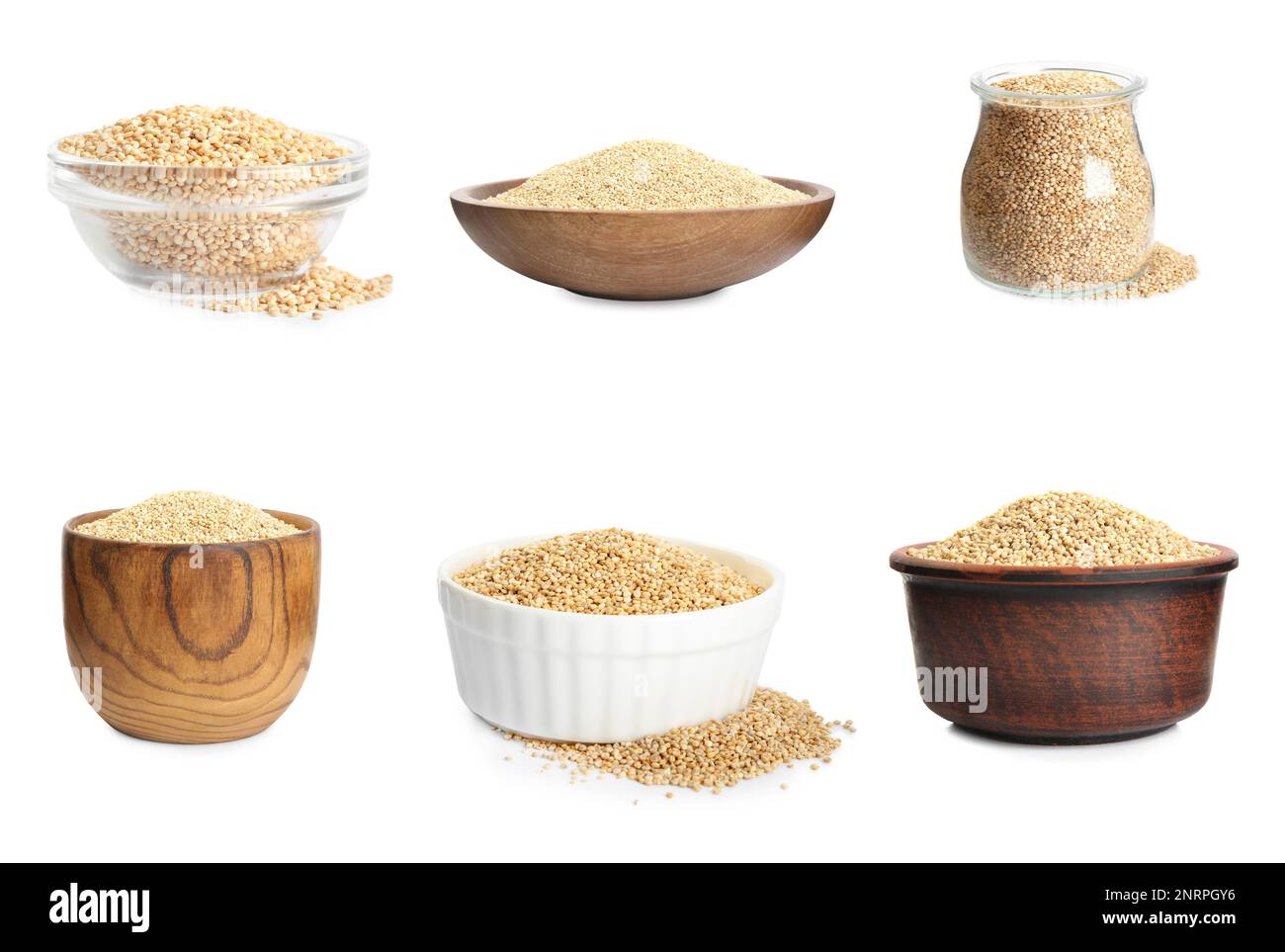 Set with raw quinoa in white background Stock Photo - Alamy