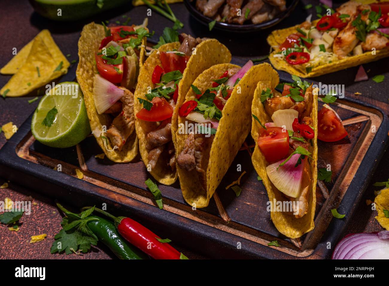 Traditional Mexican street food, fast food background, corn Taco ...