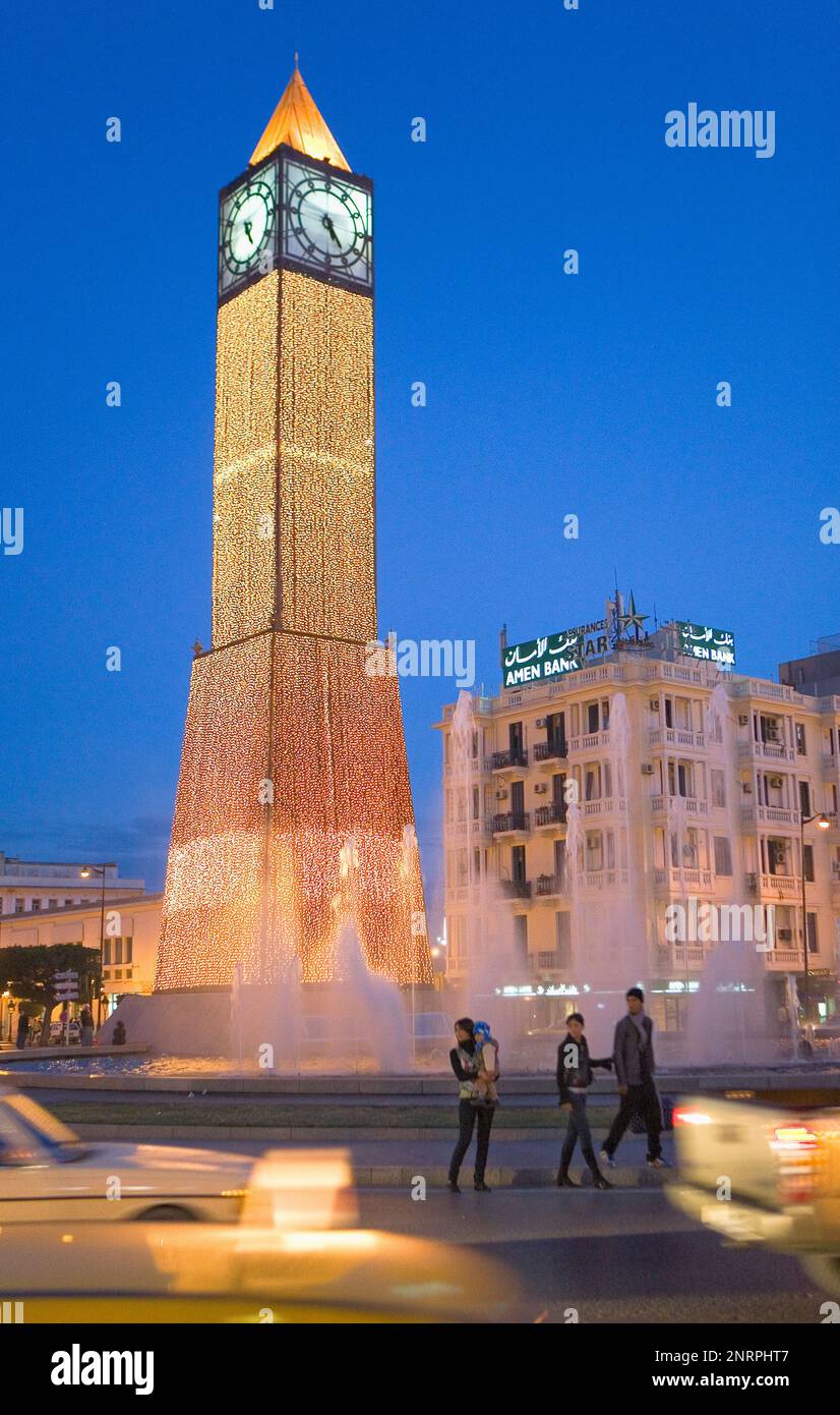 Tunisia: City of Tunis. place du 7 Novembre. Obelisk-Clock Stock Photo ...